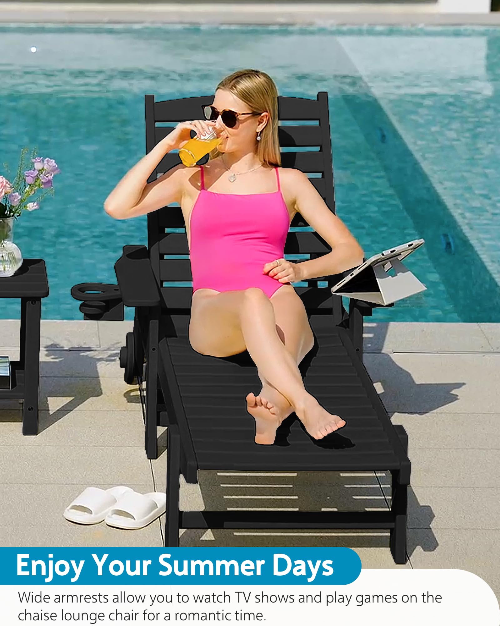 Serique Chaise Lounge Chair Outdoor with Wheels, Oversize Patio Lounge Chair with Wood Texture, 5-Position Plastic Lounge Chair for Poolside, Patio, Deck, Beach(Black)