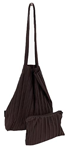 BLUEORB Each Bag Casual Washable Pleats Women's Versatile 100% Recycled Polyester Daily Shoulder Bag Tote Hobo Pouch Set (Just Brown)