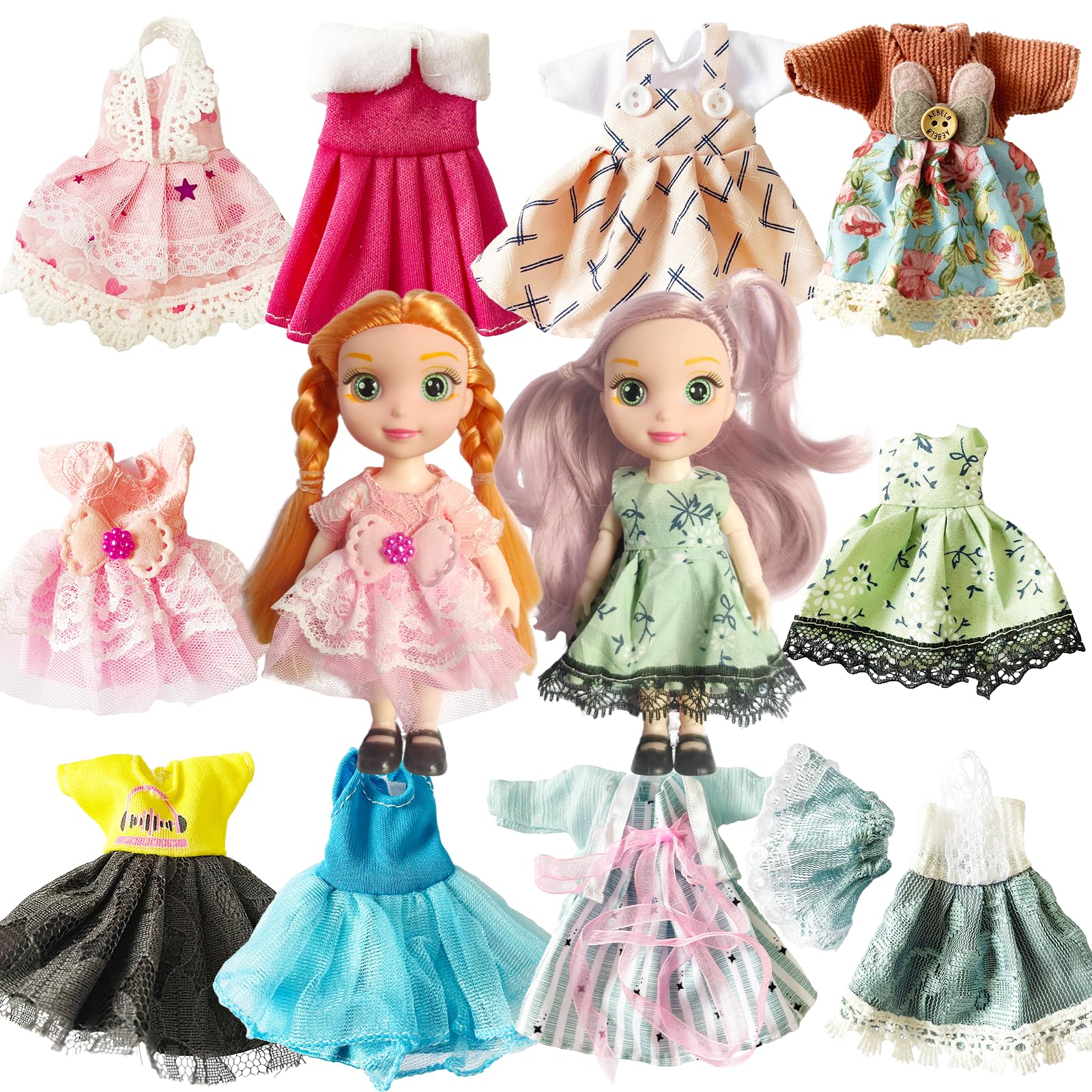 Huang Cheng Toys 6.3" Mini Girl Dolls, Include 10 Sets Handmade Doll Clothes, 5 Sets 6.3" Small Girl Dolls, 5 Pairs of Shoes