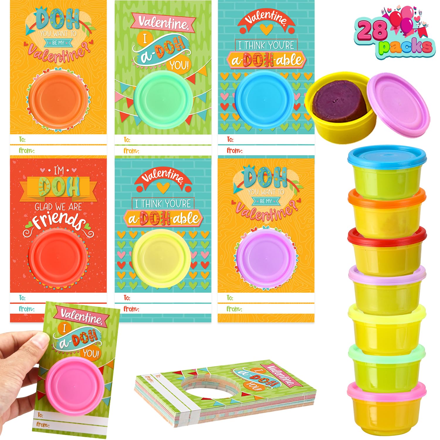 JOYIN 28 Pcs Valentines Day Gift Cards with Colorful Playing Dough for Kids Valentine Party Favors, Valentine's Classroom Exchange