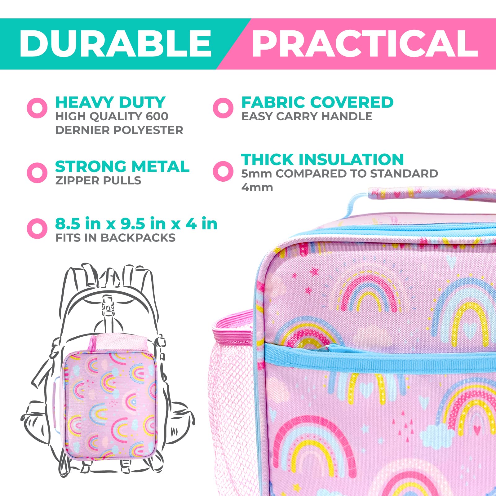 Bento Lunch Box with Thermos for Kids Set, Insulated Lunch Bag with Ice Pack, Stainless Steel Food Jar for Hot Soup, Boxes with 4 Compartments, Purple Rainbow