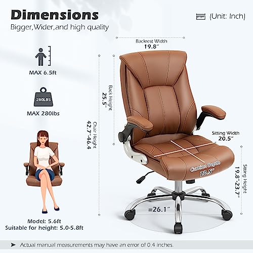 SEATZONE Executive Home Office Chair High Back PU Leather with Flip-up Armrests Adjustable Height and Lumbar Support, Comfortable Computer Chair for Adults, Red-Brown