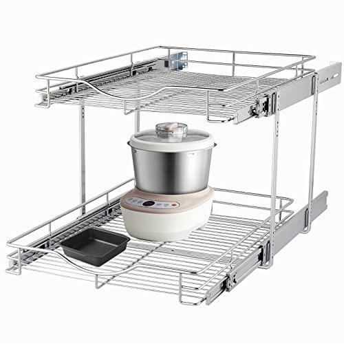 DINDON 2 Tier Pull Out Cabinet Organizer (20" W X 21" D), Double Tier Wire Basket Slide Out Shelf Storage for Kitchen Base Cabinet Organization ​for Kitchen, Pantry, Bathroom, Chrome