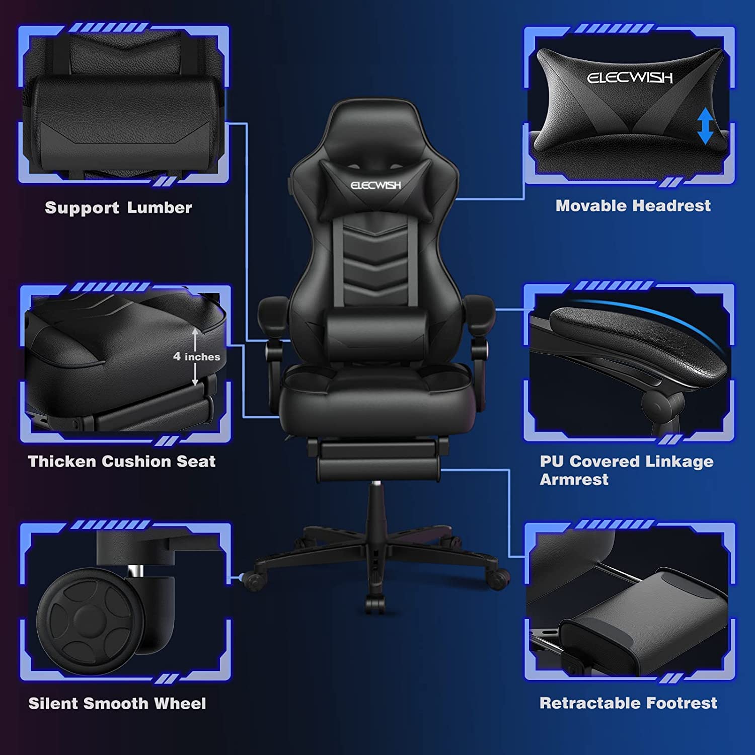ELECWISH Gaming Chair, Reclining Computer Chair with Footrest and Lumbar Support, High Back Ergonomic Gamer Chair for Adults, Gaming Desk Chair with Headrest PU Leather
