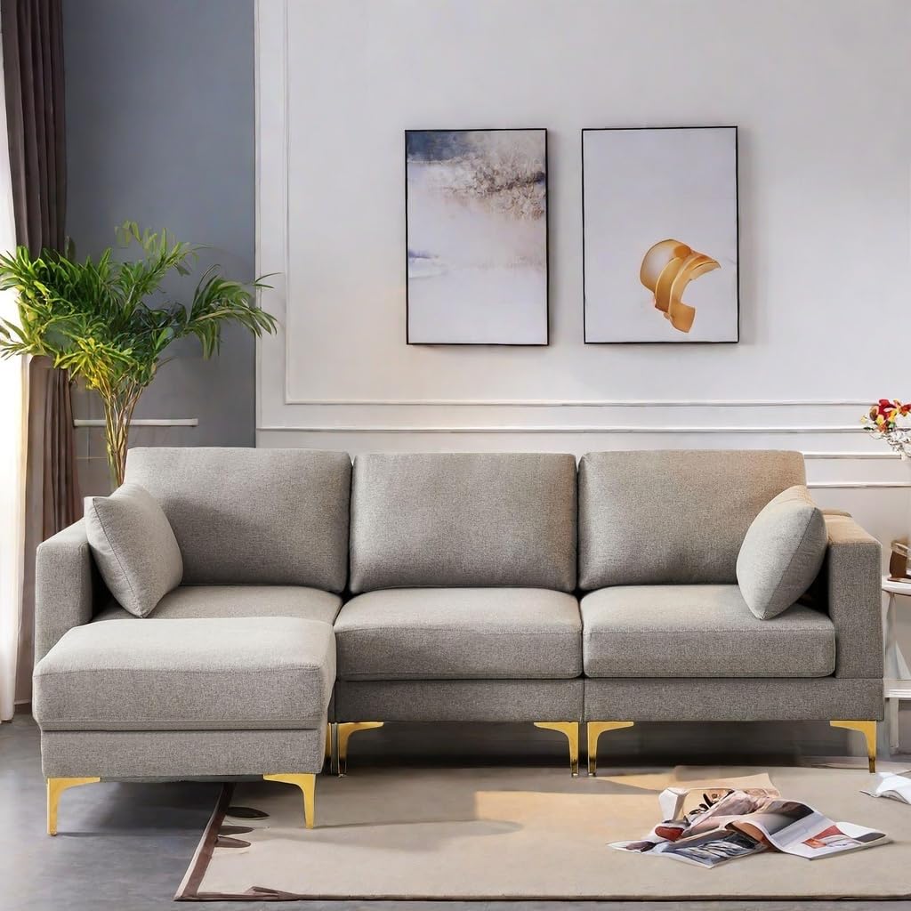 ChicFurnit Sectional Sofa,L Shape Couch with Built-in USB Interface and a Convertible Footstool,108.6'' Fabric Upholstery Sofa with Gold Metal Legs and Two Pillows for Living Room,Bedroom,Grey