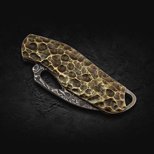 Cool Hand 2'' EDC Flip Joint Folding Knife, Small Pocket Knives w/ 1.25'' VG10 Damascus Steel Blade, Brass Handle w/Leather Lanyard,Tin Box Packaging