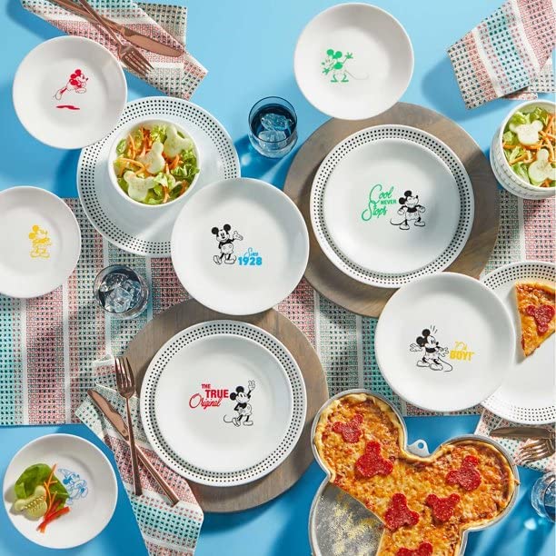 Corelle Vitrelle 16-Piece Dinnerware Set, Triple Layer Glass and Chip Resistant, Lightweight Round Plates Bowls Disney's Mickey Mouse - The True Original White