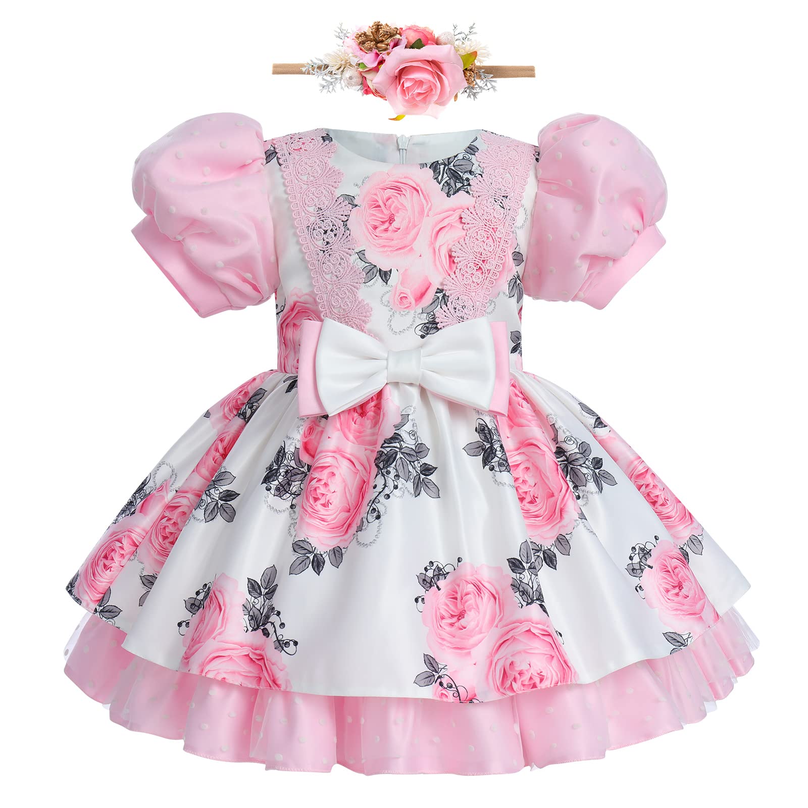 Baby Girl First Birthday Party Dress Headband Outfit Toddler Kids Flower Printed Short Sleeve Bowknot A-line Knee Length Lace Tutu Princess Dress for Pageant Wedding Bridesmaid Formal Pink 18-24M