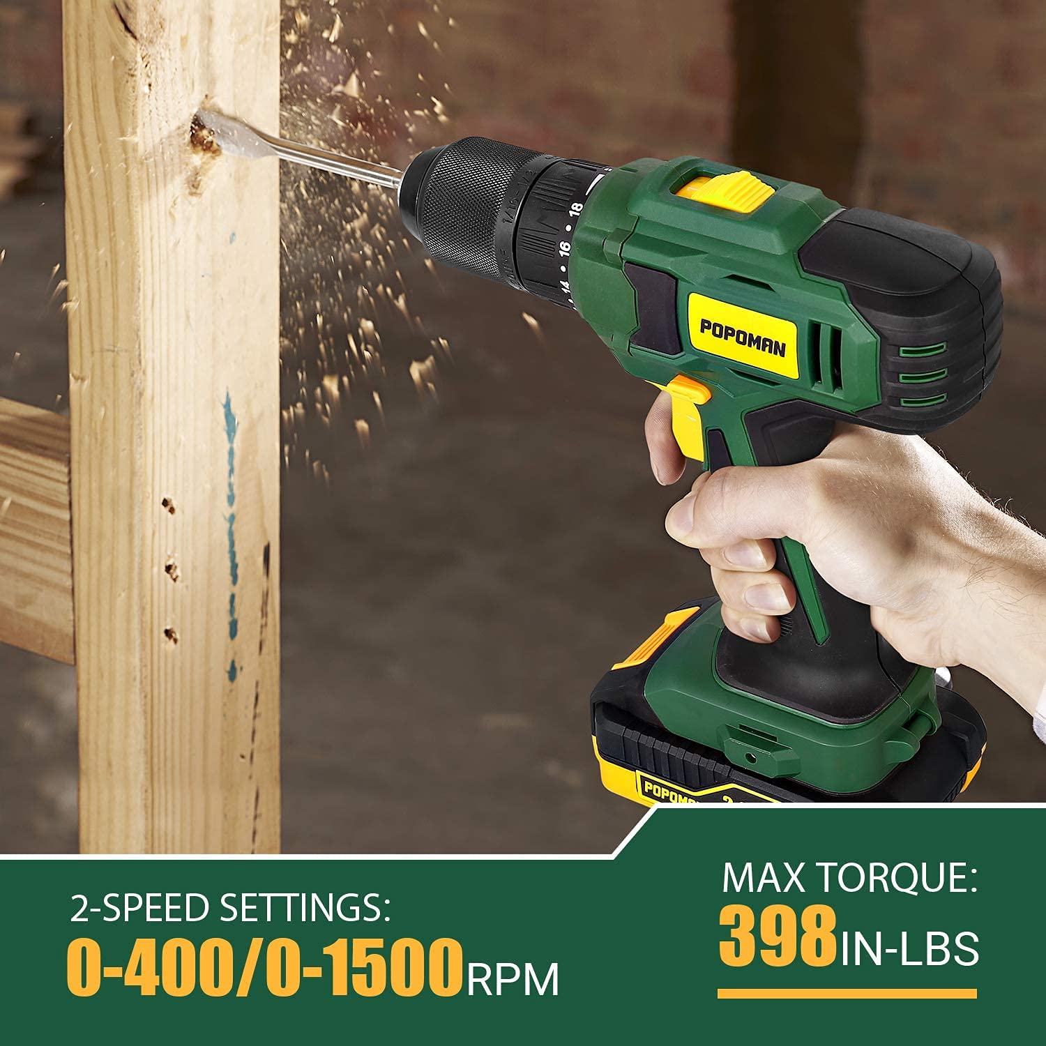 Cordless Drill, 20V MAX 1/2 inch Compact Drill Driver Kit, 2.0Ah Lithium-Ion Battery with Fast Charger, Metal Chuck, 398 In-lbs Torque, 18+1 Position Clutch, 17pcs Drill/Driver Bits - BHD750D