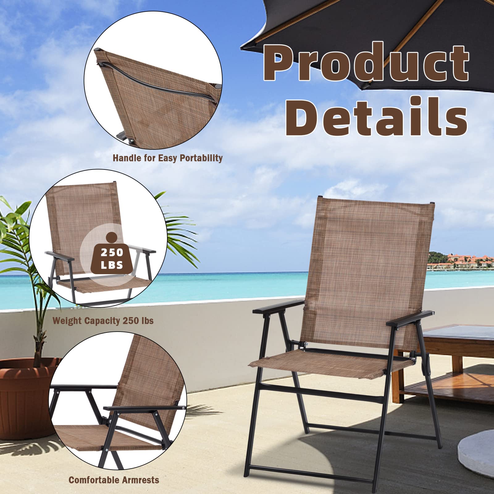 VICLLAX Folding Patio Chairs with Arms, Portable Patio Dining Chairs Sling Back Chairs for Garden, Set of 2