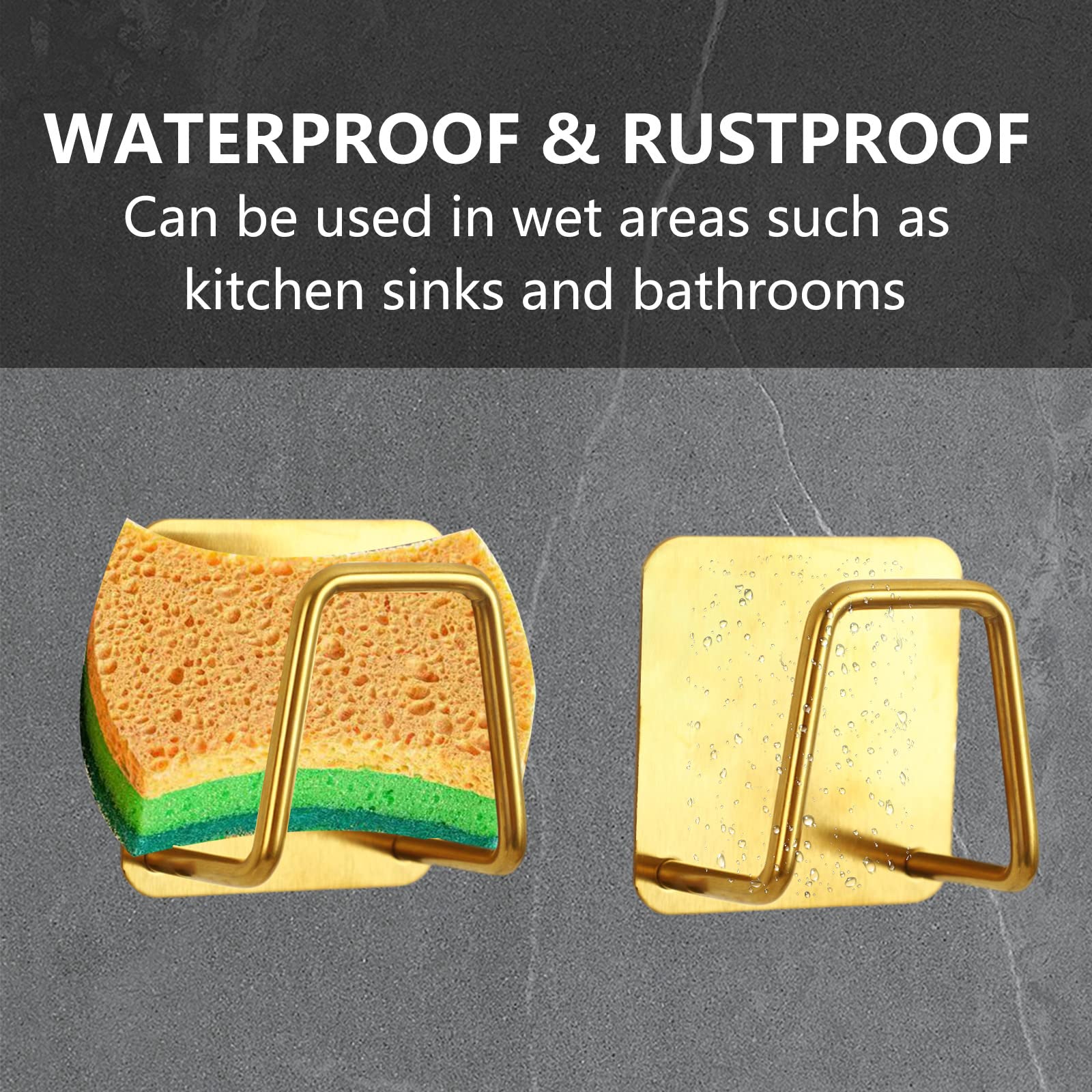 Blueden 2Pcs Adhesive Sponge Holder for Kitchen Sink Essentials,Stainless Steel Dish Sponge Holder for Sink Soap Sponge Holder,Rustproof and Waterproof, Quick Drying, Minimal Size Save Sink Space,Gold