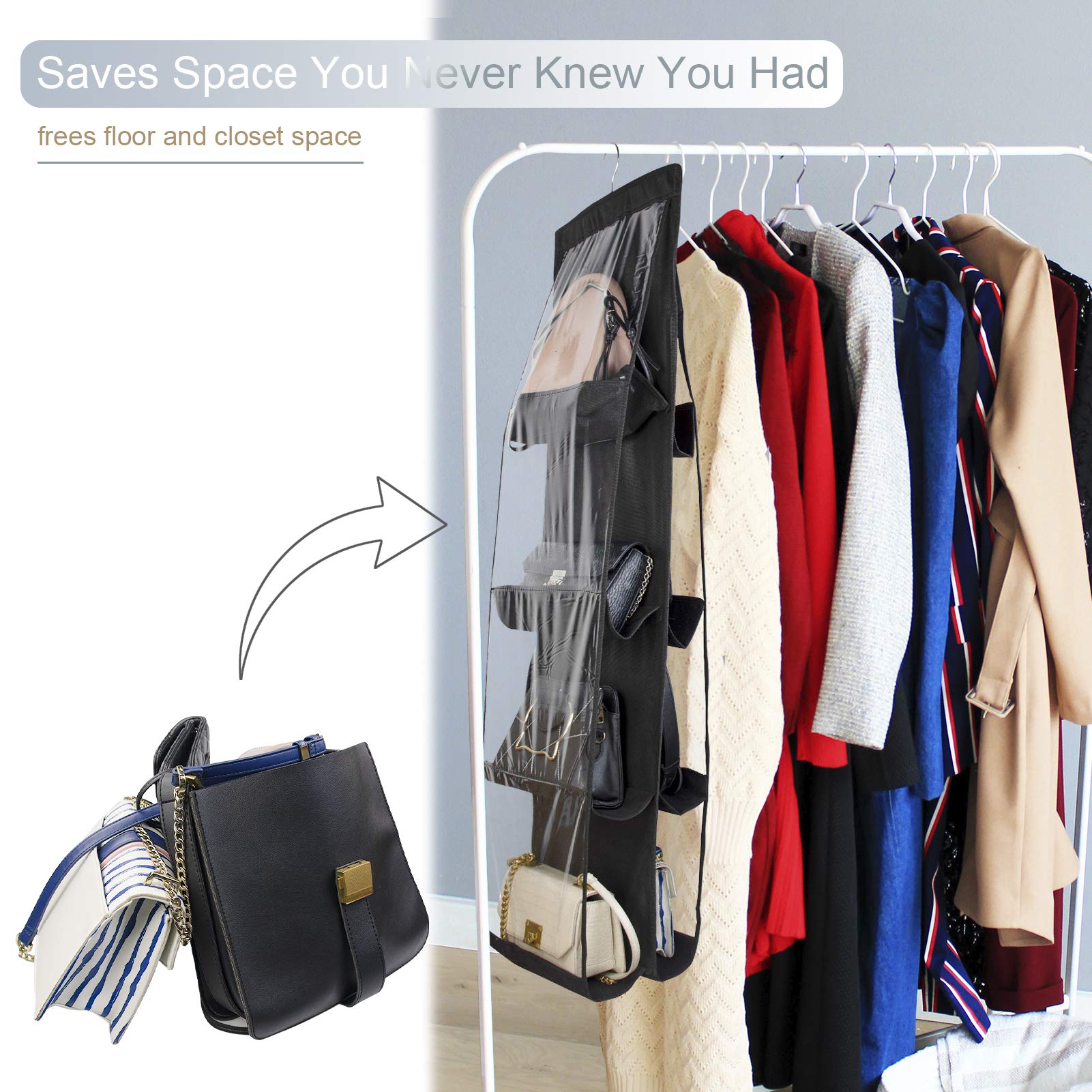 EsLuker.ly 2Pcs Hanging Purse Bag Organizers with 8 Large Easy Access Pockets, Premium Clear Handbag Storage Holder Space Saving Organizer System for Closet Wardrobe (Black)