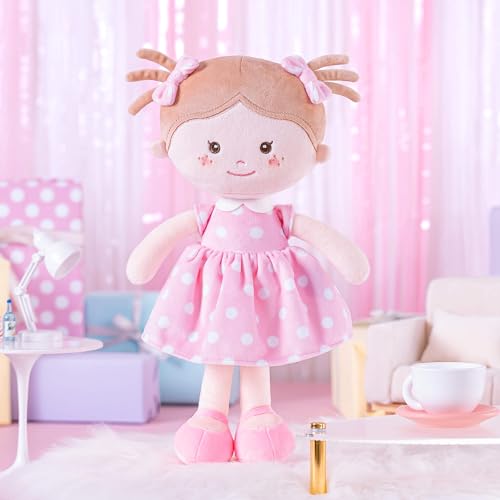 Onetoo Plush Rag Doll Sleeping Cuddle Buddy Doll Soft Baby Doll for Girls First Baby Doll Wear Pink Skirt Dress 14"(Milly Series)