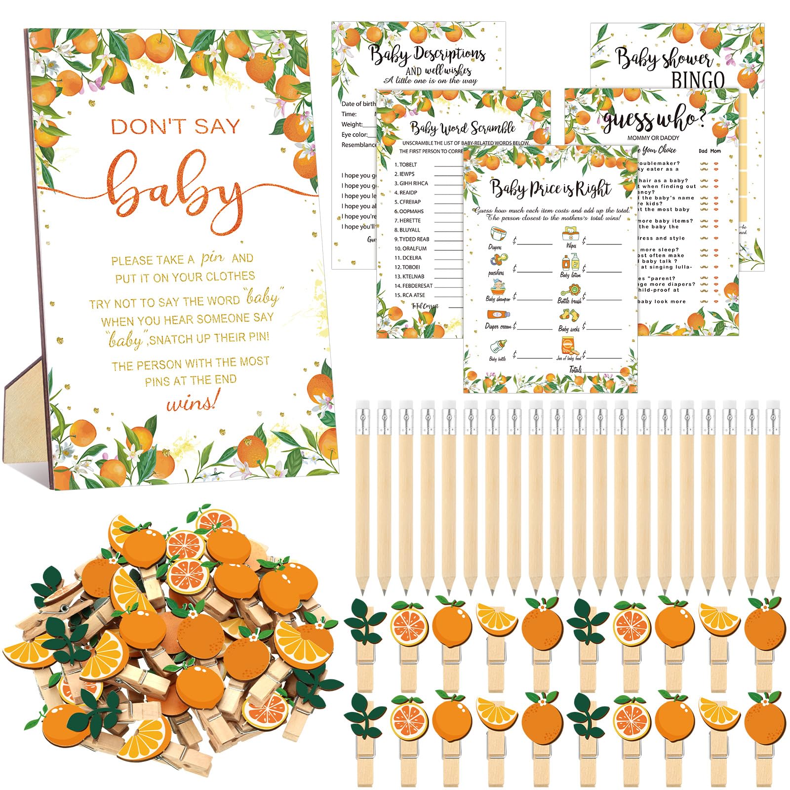 Patelai 321 Pcs Baby Shower Games Supplies, 5 Sets (50 Cards Each) Activities Cards with 20 Pencils 1 Don't Say Baby Sign 50 Clothespin(Litttle Cutie)
