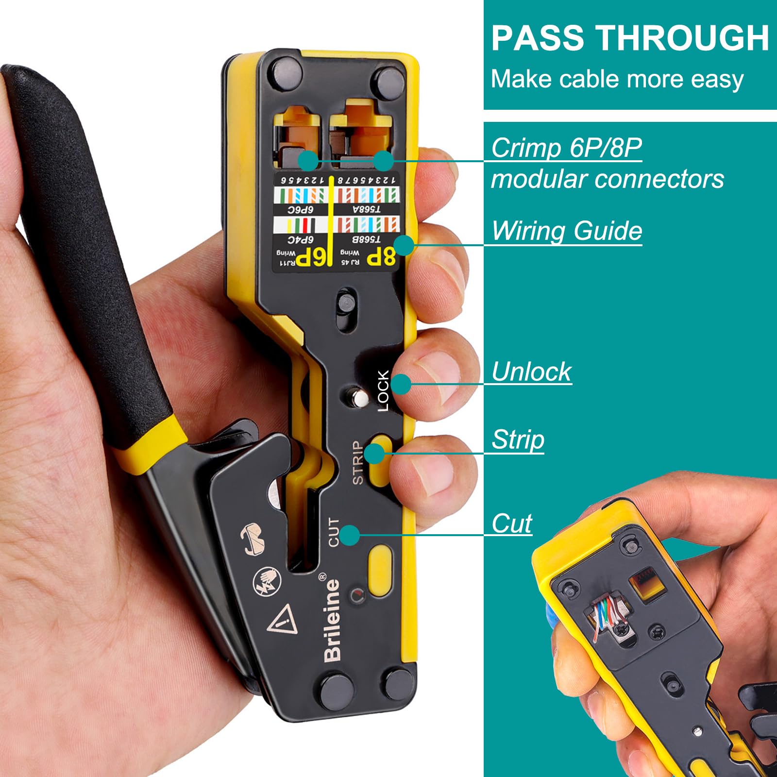 Brileine Pass Through RJ45 Crimp Tool Kit Cat5e Cat6 Crimping Tool, RJ45 Crimper Kit
