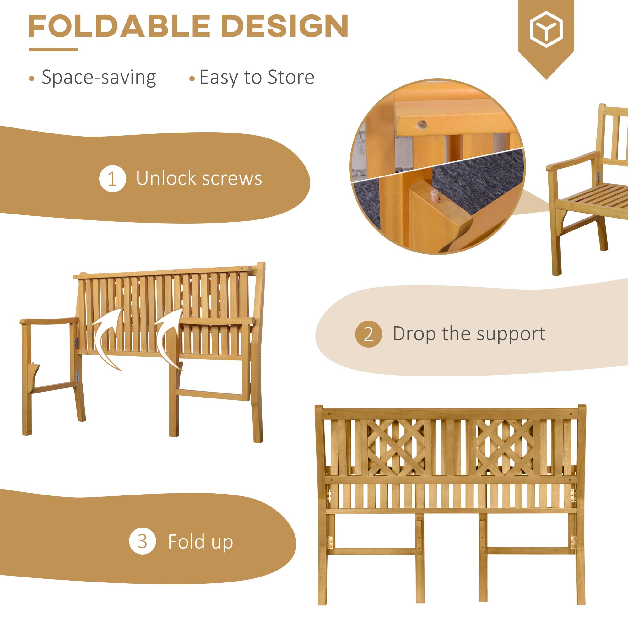Outsunny 4FT Wooden Outdoor Garden Bench for 2, Portable Folding Loveseat 2-Seater Chair with Backrest, Armrests and Slat Seat, Natural