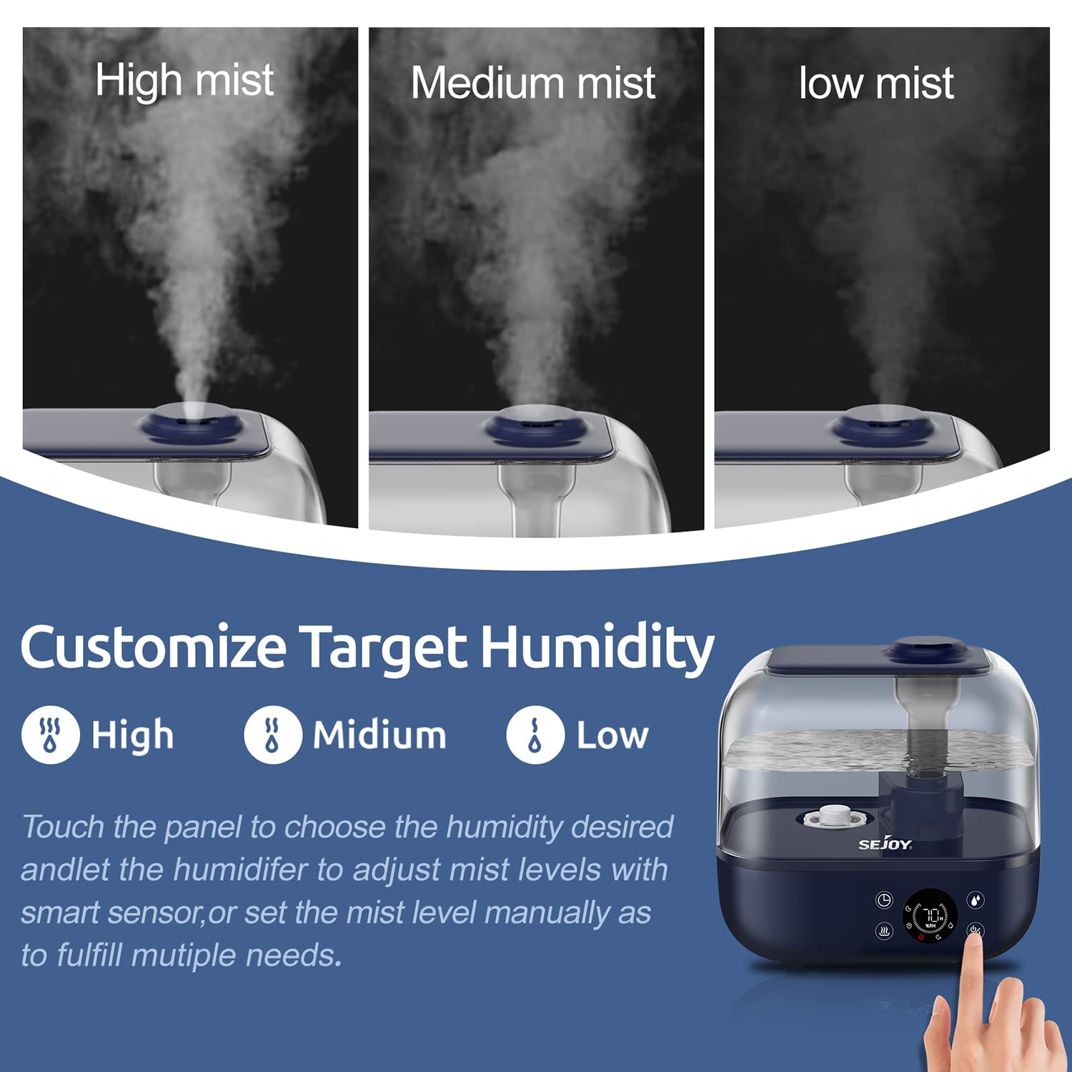 Sejoy Humidifiers for Bedroom Large Room 5L Quiet Ultrasonic Warm & Cool Mist Humidifier, Auto-Shut Off, Humidifiers for Babies Nursery Bedroom Whole House Office Plants, Navy Blue