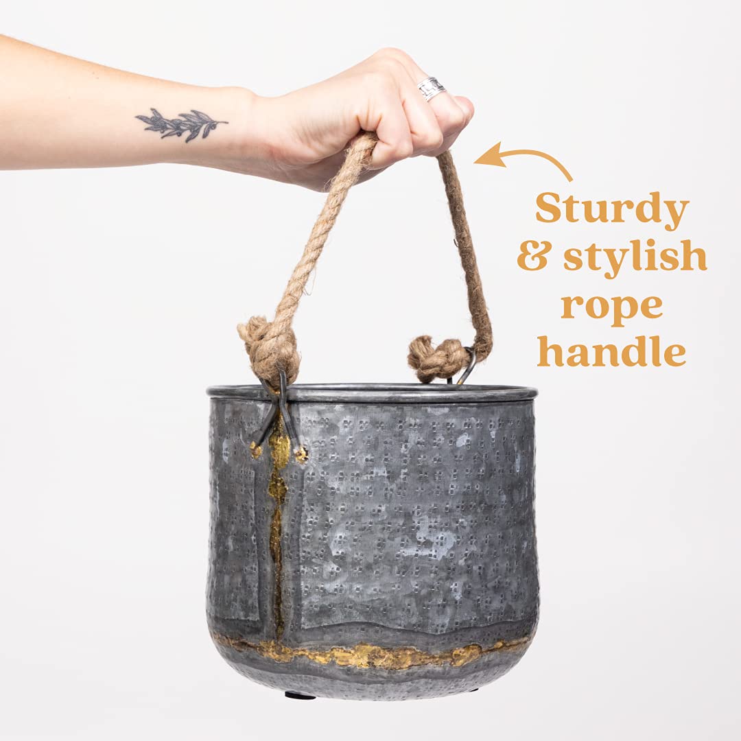 Avera Products Lasso Bucket Set of 2 | Galvanized Metal Bucket Planters for Indoor Plants, Rustic Metal with Gold Weld Trim, includes Drainage Holes