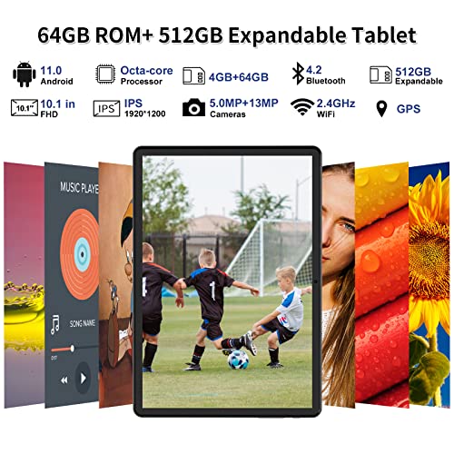 BAIWOYER 2023 Latest Tablet Octa-Core 10.1 inch Android Tablet, 4GB RAM, 64GB ROM Storage, 512GB Expandable Support, Dual 13MP+5MP Camera, Long Lasting 6000mAh Battery WiFi Tablet