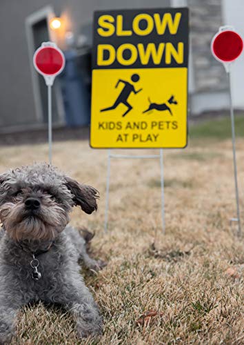 CORQUE Kids at Play Safety Signs for Street, Slow Down & Caution Warning - 2 Pack Double Sided with High Visibility Reflectors & Adjustable Metal Stakes Set - Children Playing Yard Road Visual Signal