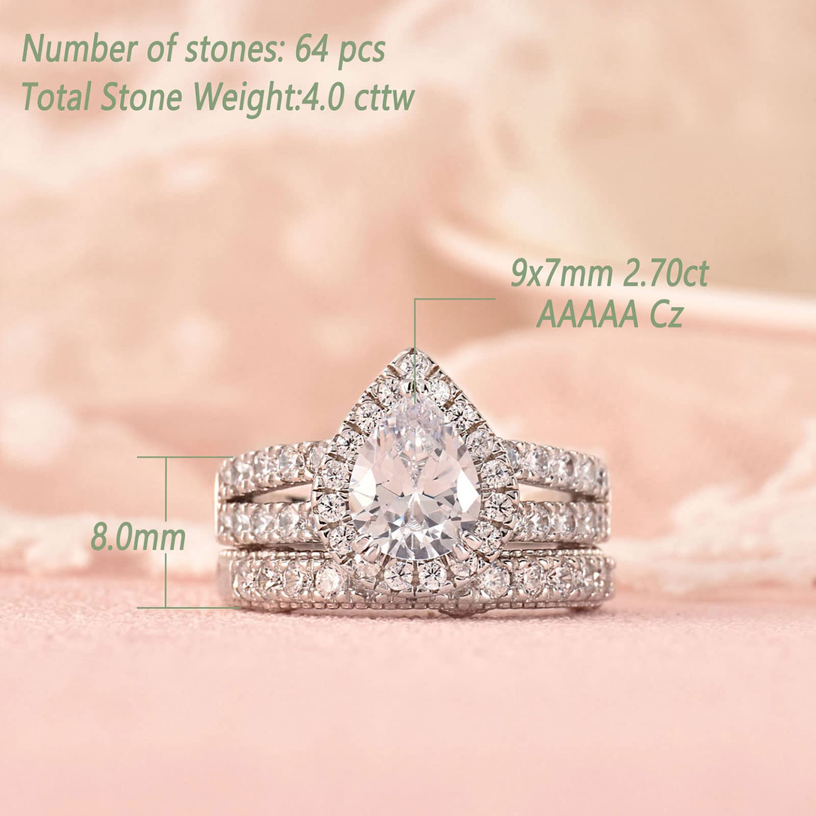 Wuziwen 4 Carats Wedding Engagement Ring Set for Women 925 Sterling Silver Cubic Zirconia Size 7