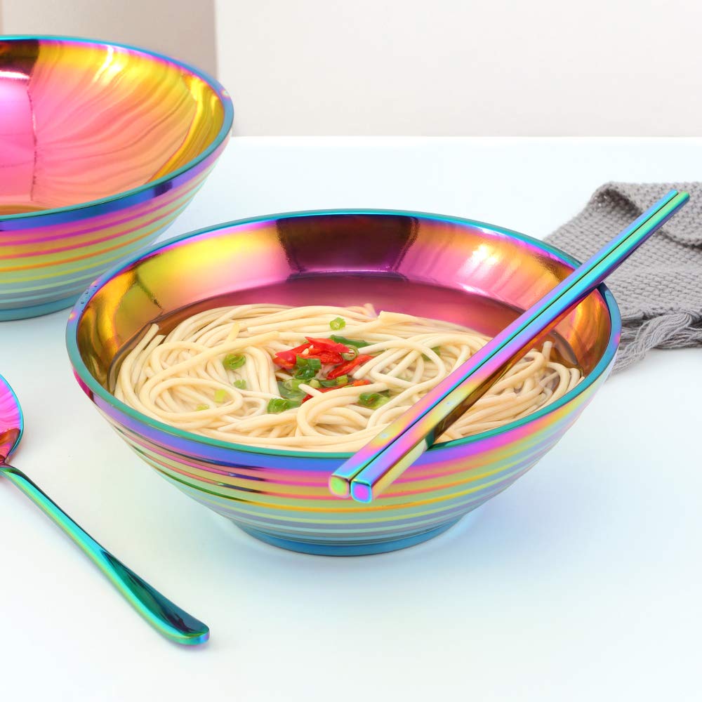 Buy THINGS! Ramen Noodle Soup Bowl,2 Sets Double Layer 18/8 Stainless Steel Bowl(7.09 inch), with Matching Spoon and Chopsticks (Rainbow)