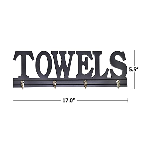 Black Wood Towel Hooks for Bathroom Decorative Cutout Word Sign Wall Decor, Wall Mounted Towel Rack Hanger Hanging Word Sign with 4 Hanging Hooks