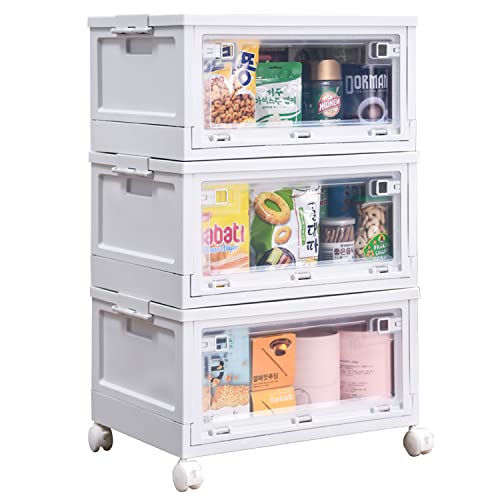 DINVES 12 Gallons Stackable Storage Bins with Attachable Wheels, 3 Pack Folding Storage Bins with Lid, Collapsible Storage Boxes, Plastic Storage Containers for Toys, Towels and Snacks