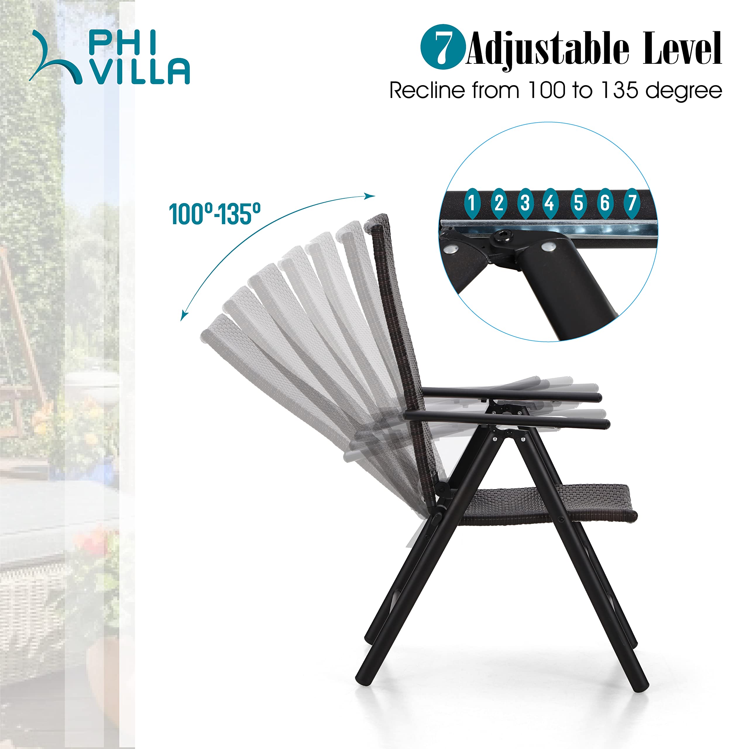 PHI VILLA Patio Wicker Dining Chairs Set of 2, Adjustable Folding Patio Chairs Outdoor Rattan Wicker Chairs for Deck, Porch, Poolside, Yard
