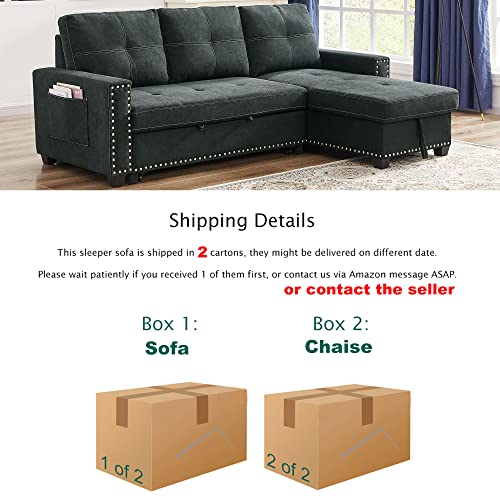 Evedy Upholstery Sleeper Sectional Sofa with Storage Chaise-Pull Out Couch Bed Reversible SofaBed for Living Room Furniture Set, Silver Rivets on Both Hands, a-Black