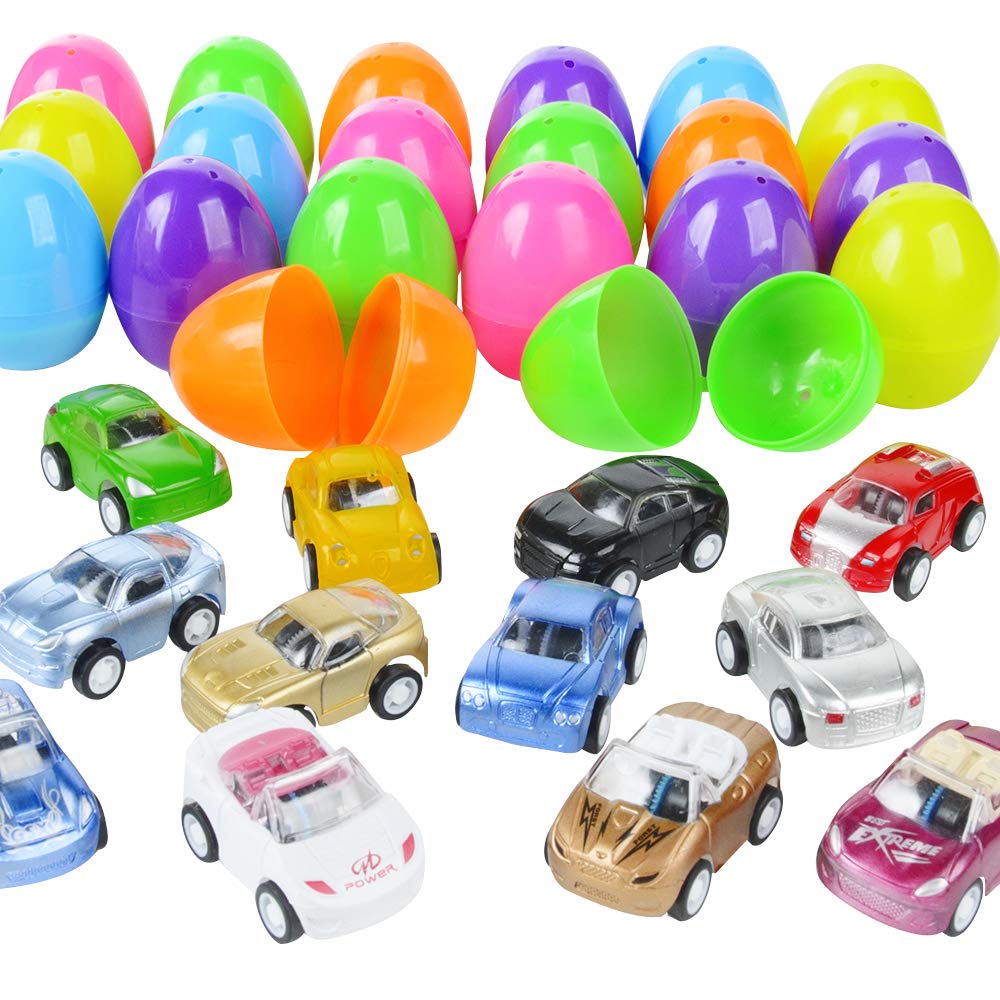 JOYIN Premium 24 Pcs Filled Easter Eggs with Toy Cars, 2.25β Bright Colorful Egg Prefilled with Pull Back Vehicles for Boys Kids Easter Eggs Hunt, Easter Basket Stuffers, Party Favors, Classroom Prize