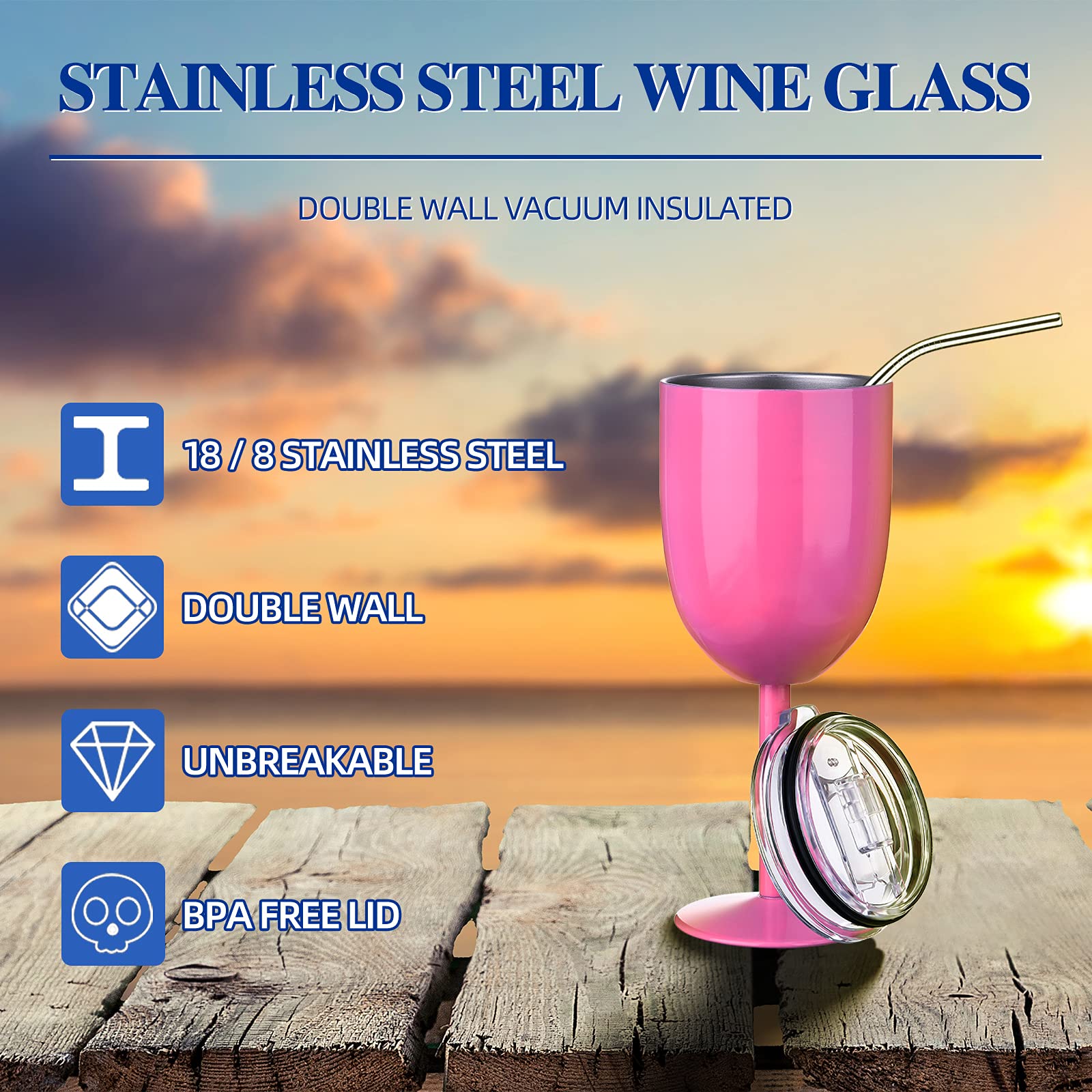 Geiserailie Stemmed Stainless Steel Wine Glasses with Lid Double Wall Insulated Wine Tumbler Unbreakable Goblets with Drinking Straw and Straw Brush, 10 oz(Black, White, Silver,3 Pieces)