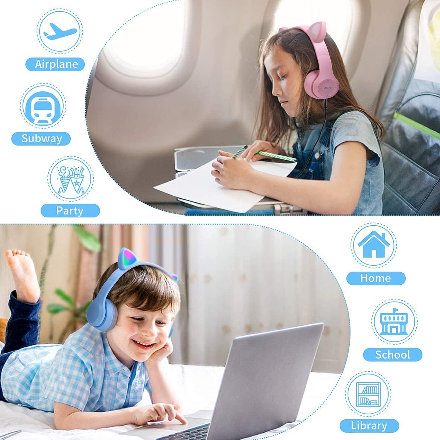 Bluetooth Cat Ear Kids Headphones with Mic, arVin Wireless/Wired Foldable Over-Ear Headset with Led Light UP & 85db Volume Limited for School, Online Learning, Boys, Girls, Children, Tablet, iPad & PC