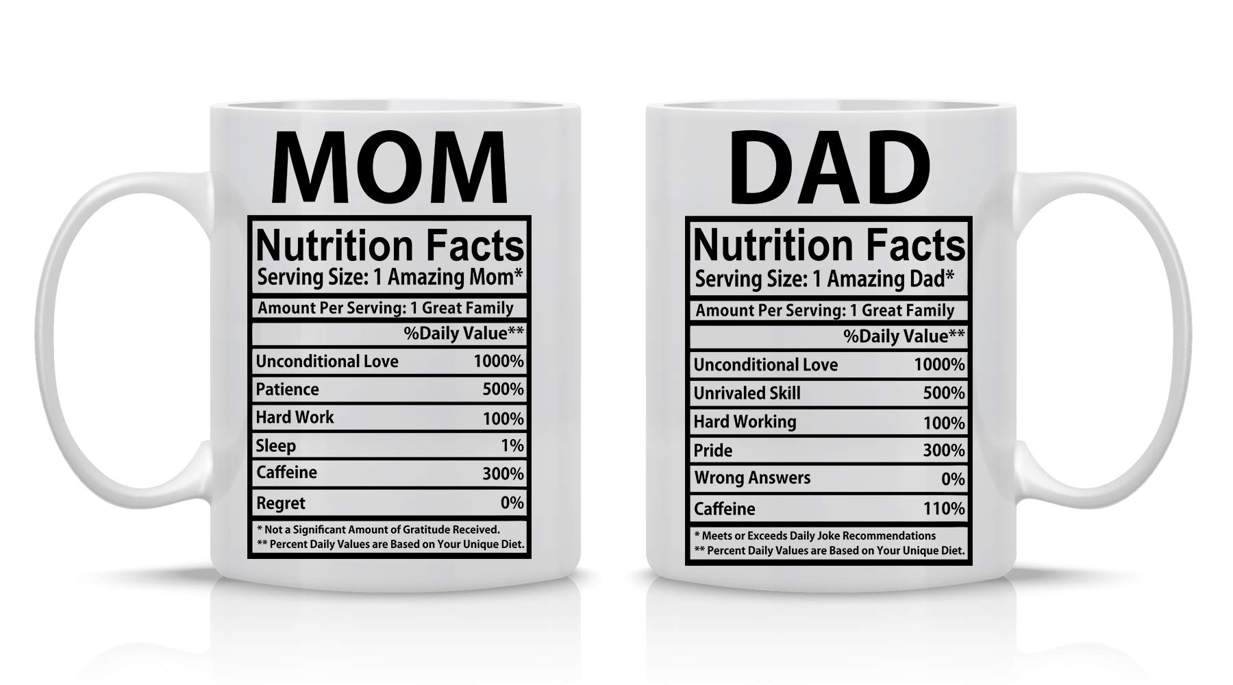 AW Fashions Mom & Dad Nutritional Facts 11oz White Ceramic Funny Couple Coffee Mugs Set For Husband and Wife Him And Her Gifts Mr & Mrs Gift Anniversary Mom and Dad Present Tea Cup