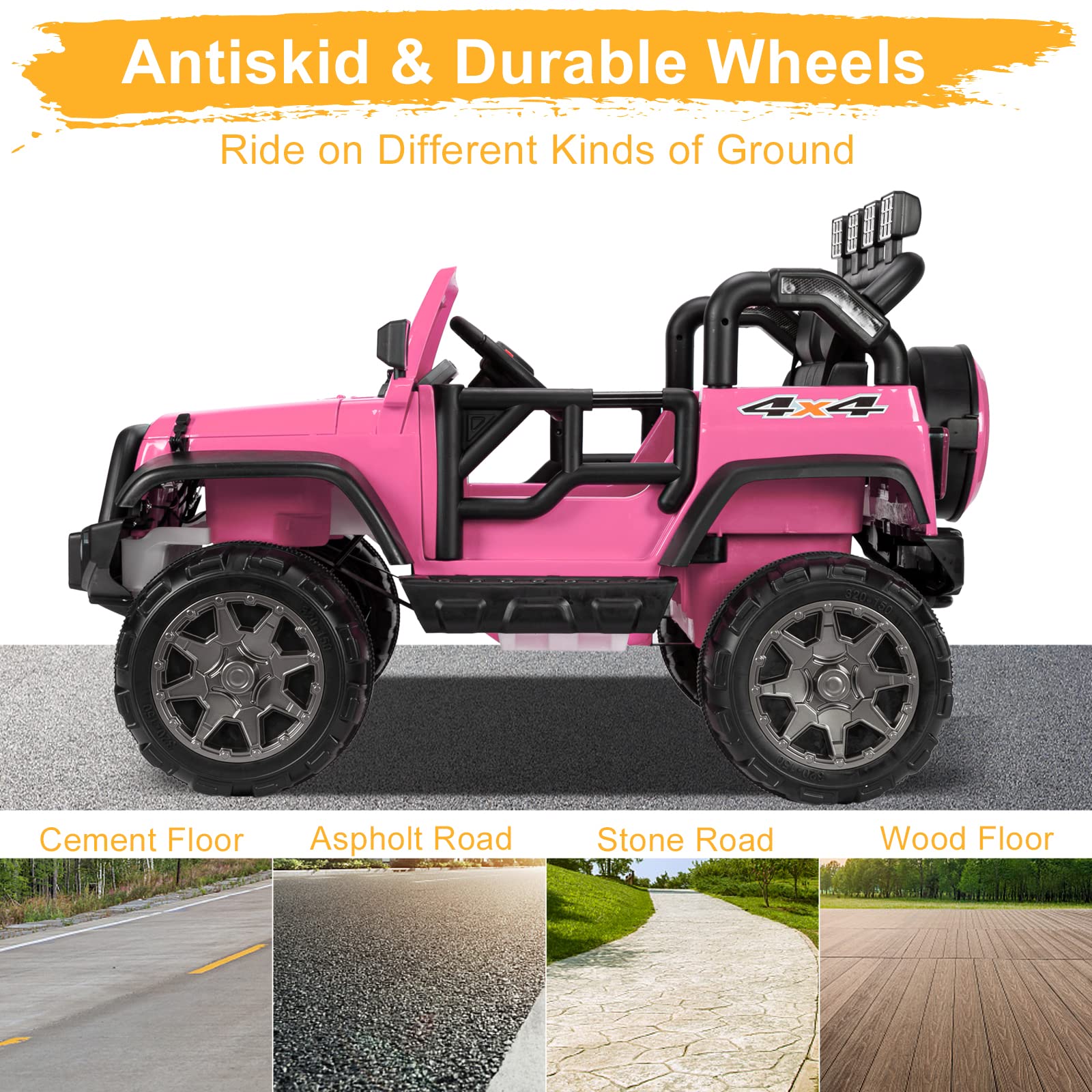 JOYMOR 2 Seat Ride on Truck, 12V Kids Electric Battery Powered Car with Remote Control, Motorized Toddler Vehicles Truck Toy, Adjustable Speeds, MP3 Player, LED, Horn (Two seat, Pink)