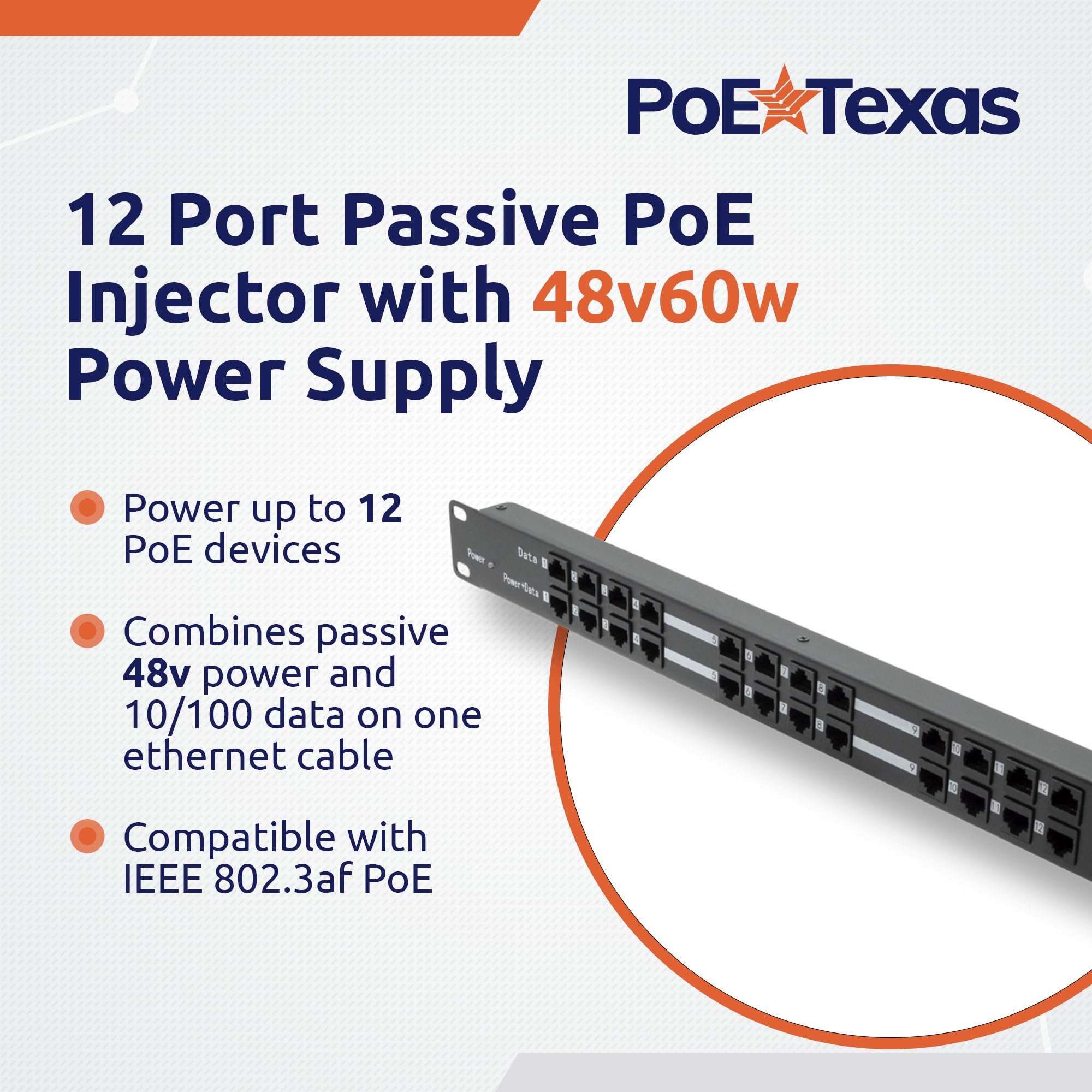 PoE Texas 12 Port PoE Injector with 48v60w Power Supply - 10/100 Data - Rack Mount - Add Passive Mode B 802.3af PoE to a Non PoE Switch for VoIP, WiFi AP, IP Camera, Security & Surveillance Systems