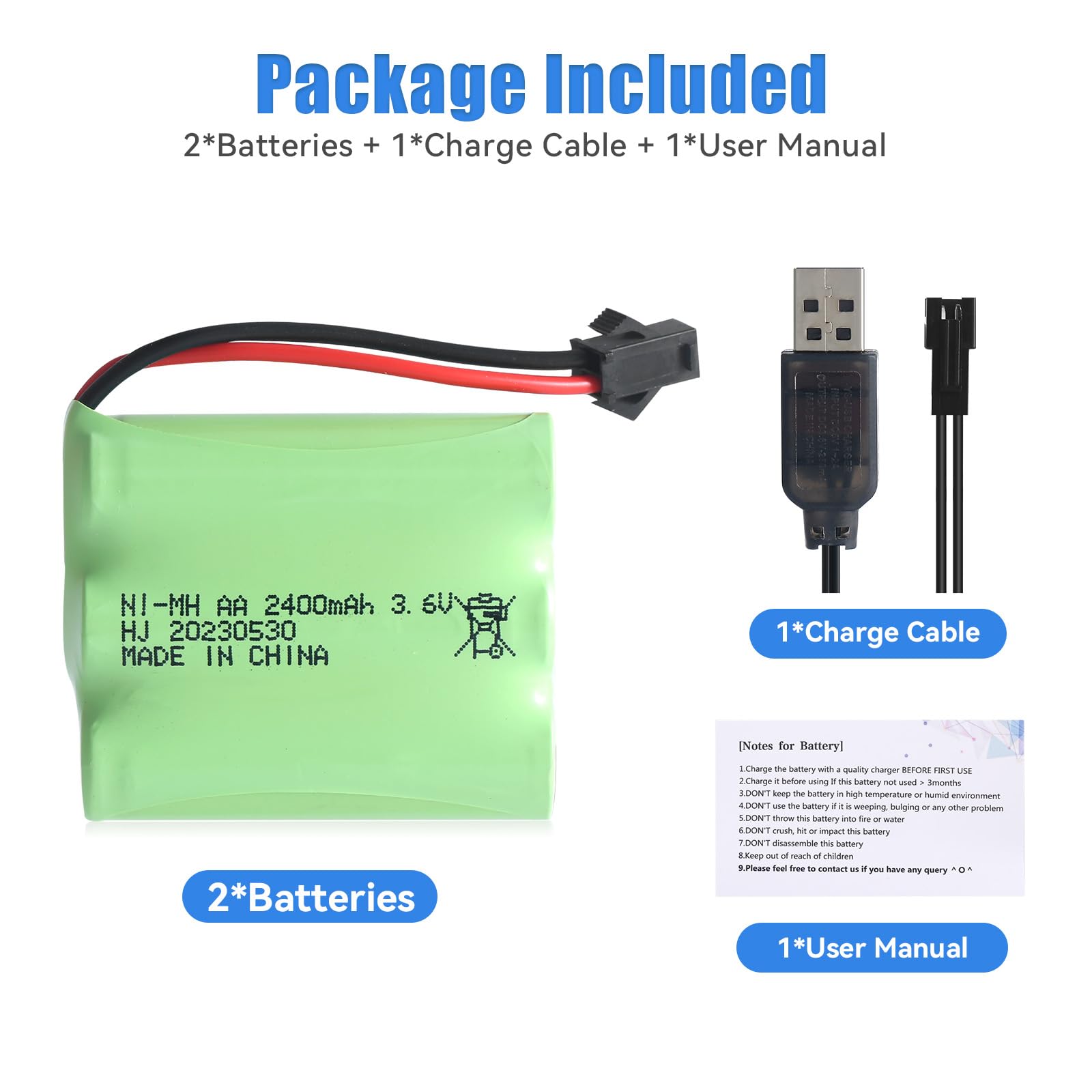 HJ 2 pcs 3.6V 2400mAh NI-MH 3xAA SM2P Battery with USB Charging Cable for Some Kind of RC Toy Car Boat Plane Flashlight Safe Equitment Electric Machine