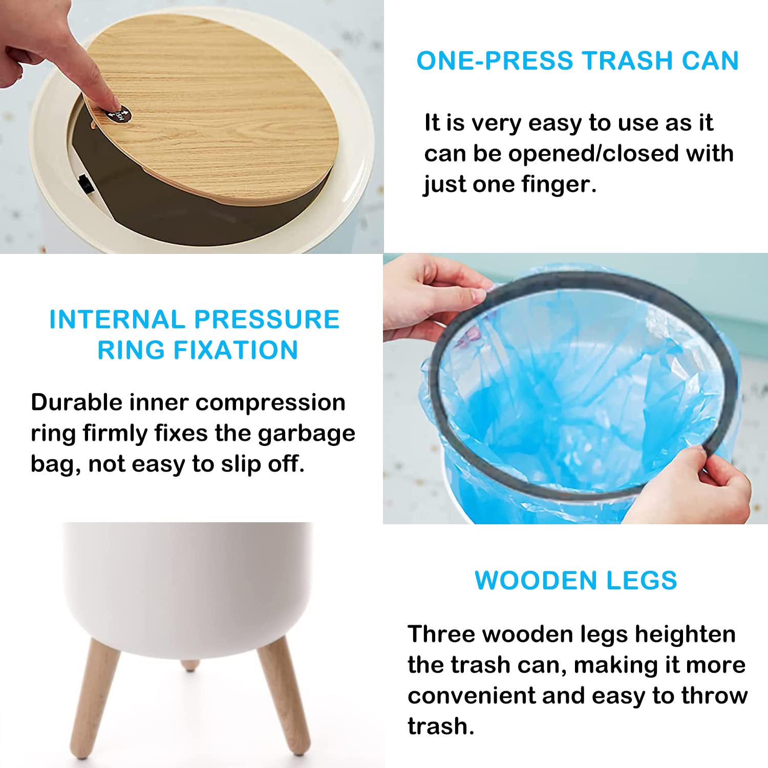 JWHFZMANPYK Round Trash Can with Lid Beluga Whale Press Top Recycle Bin Small Garbage Can Dog Proof Wastebasket Wooden Legs Bathroom Kitchen 7L/1.8 Gallon