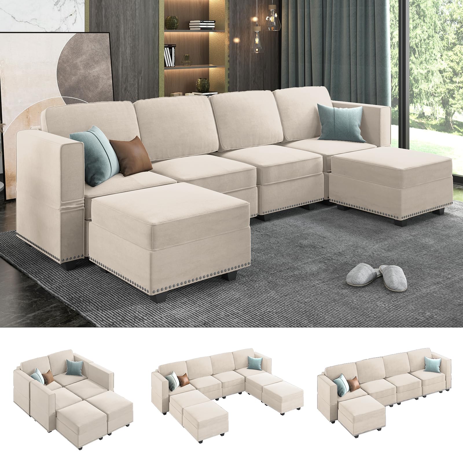 PUREMIND Modular Sectional Sofa with Reversible Storage Ottoman, Convertible U Shaped Couch with Adjustable Armrest & Backrest, Velvet Dark Grey 6 Seater L Shaped Sofa Sleeper for Living Room