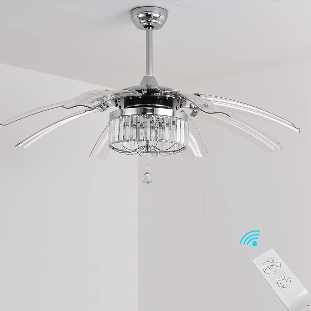 AWEHIRU 48inch Modern Crystal Ceiling Fan Indoor with Lights, Remote Control Fandelier, Retractable Ceiling Fan and Light Bedroom Dining Room Light Ceiling Fan Chandelier Light Fxitures
