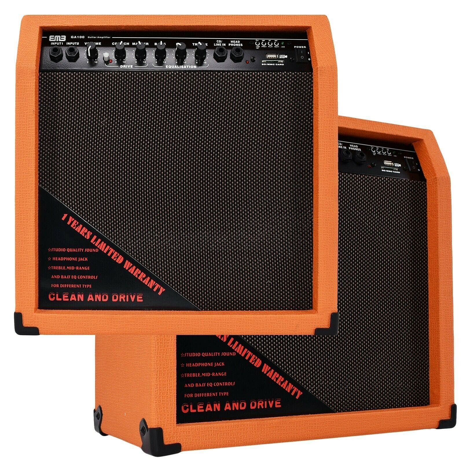 EMB GA100 500W 10" Electric Guitar Amplifier Speaker Portable Powerful Studio and Stage Cabinet PreAMP β with Built in Headphone Jack and 2 Inputs and SD USB AUX Bluetooth (Yellow)
