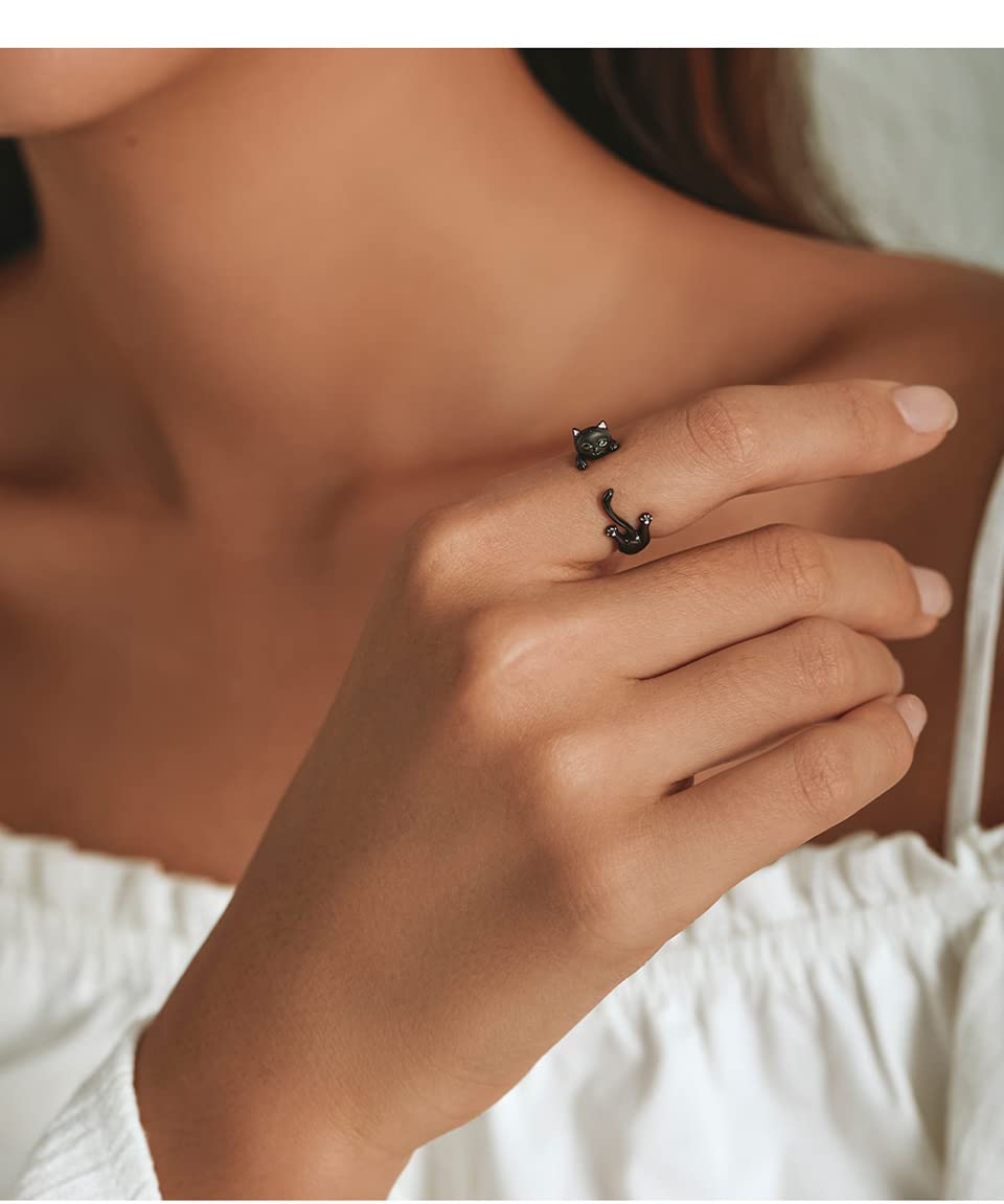 RUKYF 925 Sterling Silver Black Cat Rings with Black Gold Plating Dainty Stackable Adjustable Rings for Women Men Cute Cat Gifts for Cat Lovers