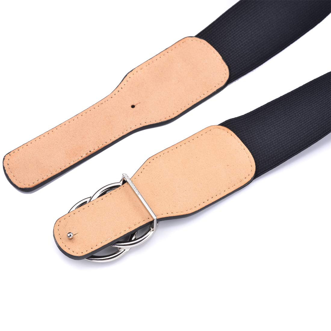 Beltox Women’s Elastic Stretch Wide Waist Belts w Double Rings Gold/Silver Buckle (Black w Silver Buckle, XS-L(27-35 inch stretch range))