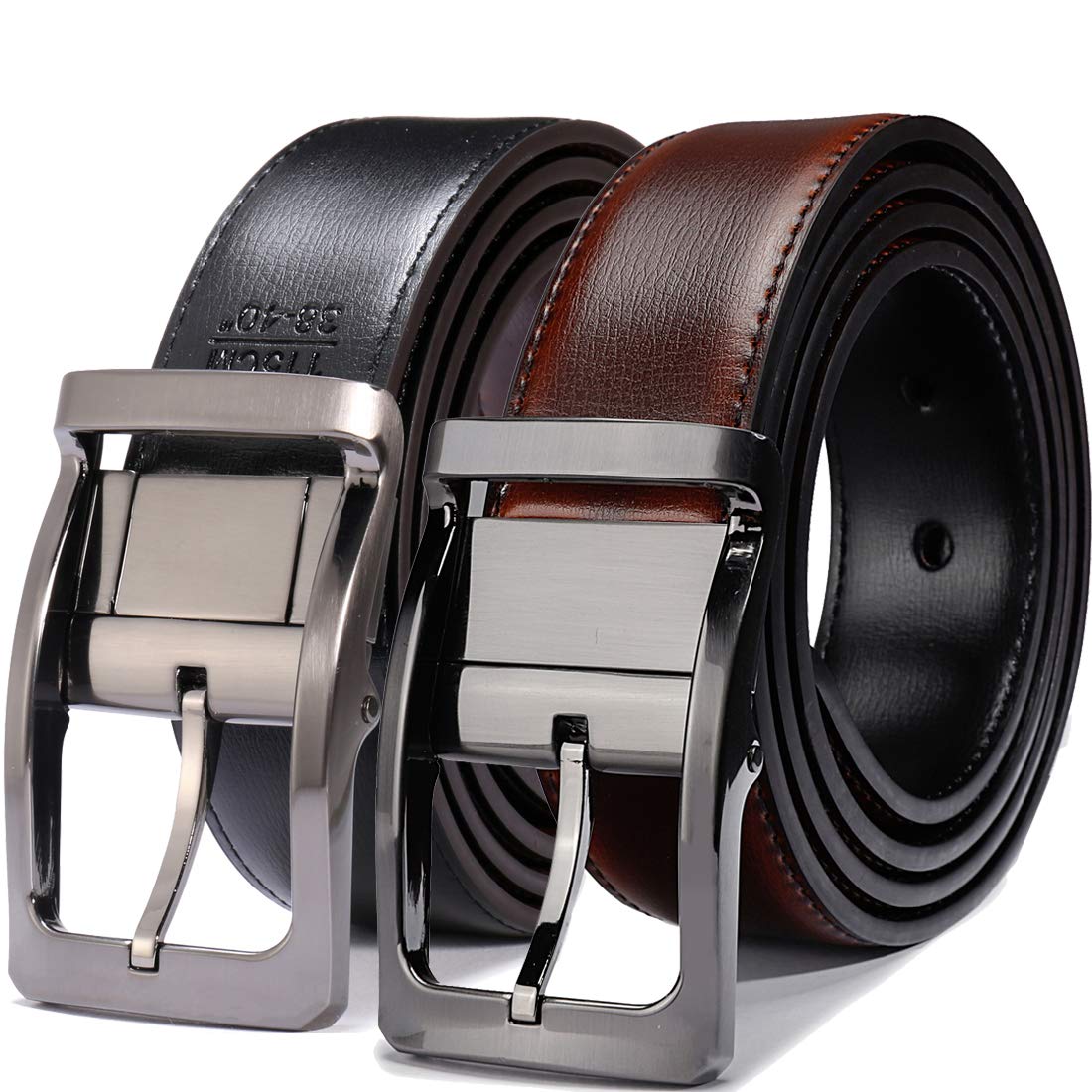 Belts for Men Reversible Leather 1.25ā Waist Strap Fashion Dress Buckle Beltox (Rectangle Rotated Buckle with Burnt Umber/Black Belt, 36-38)