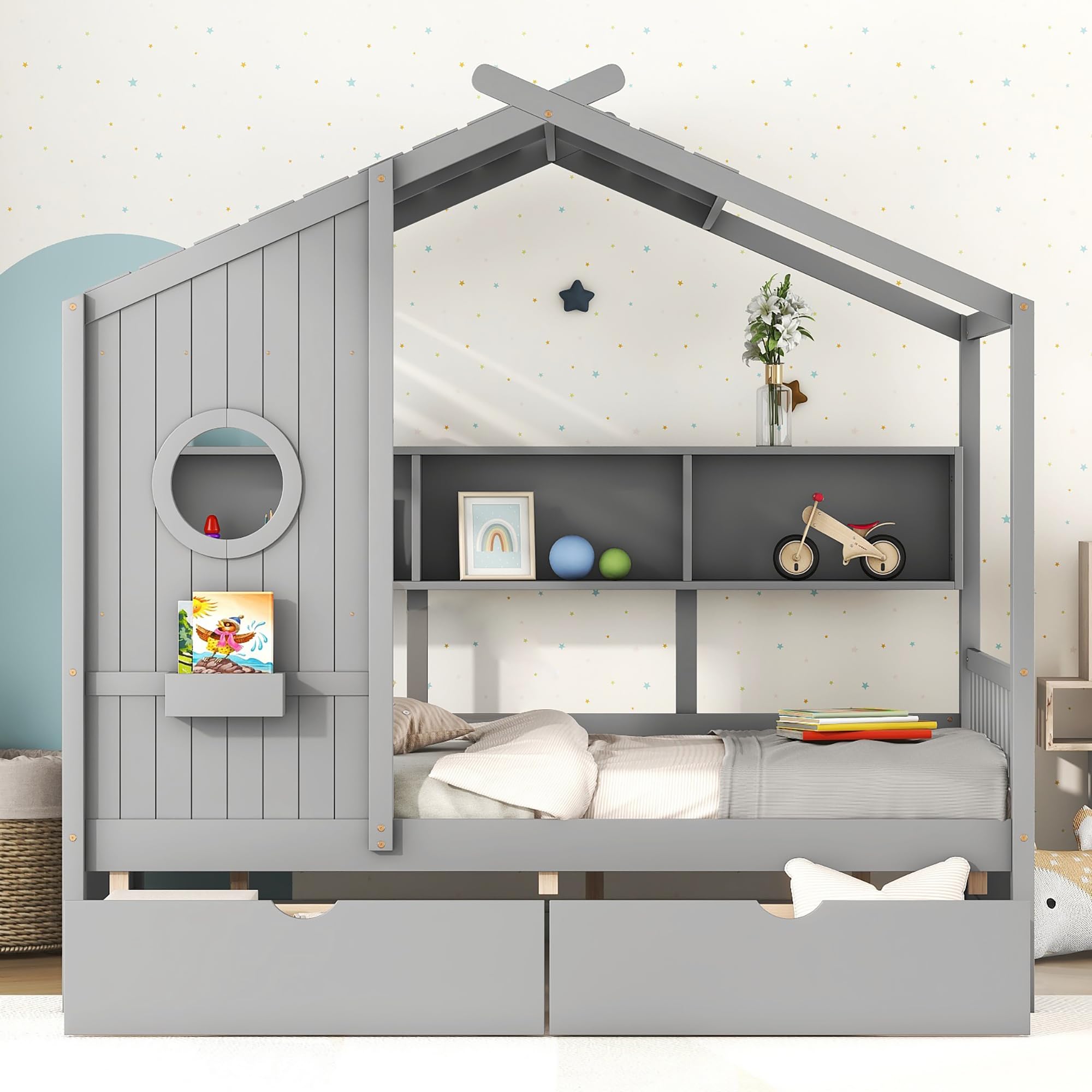 Bellemave Full Size House Bed with 2 Storage Drawers,Kids Bed with Storage Shelves,Wooden House Bed Frame for Girls,Boys,Can be Decorated,Gray