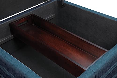OSP Home Furnishings Detour Strap Square Storage Ottoman with Tray and Solid Wood Legs, Azure Fabric