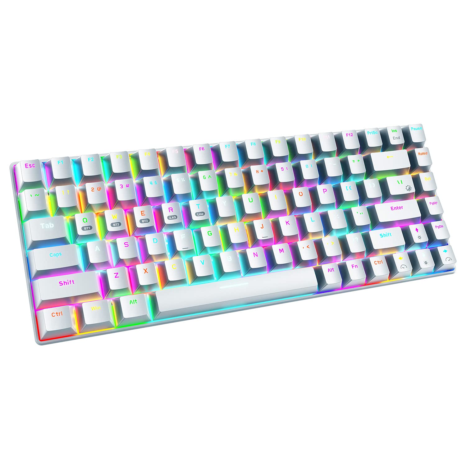 Bluetooth Mechanical Gaming Keyboard,Rainbow LED Backlit Bluetooth 5.0/Wireless 2.4G/Wired 84 Keys Mini Keyboard with Rechargeable 3000mAh Battery Brown Switches Type-C USB Receiver for PC Gamers