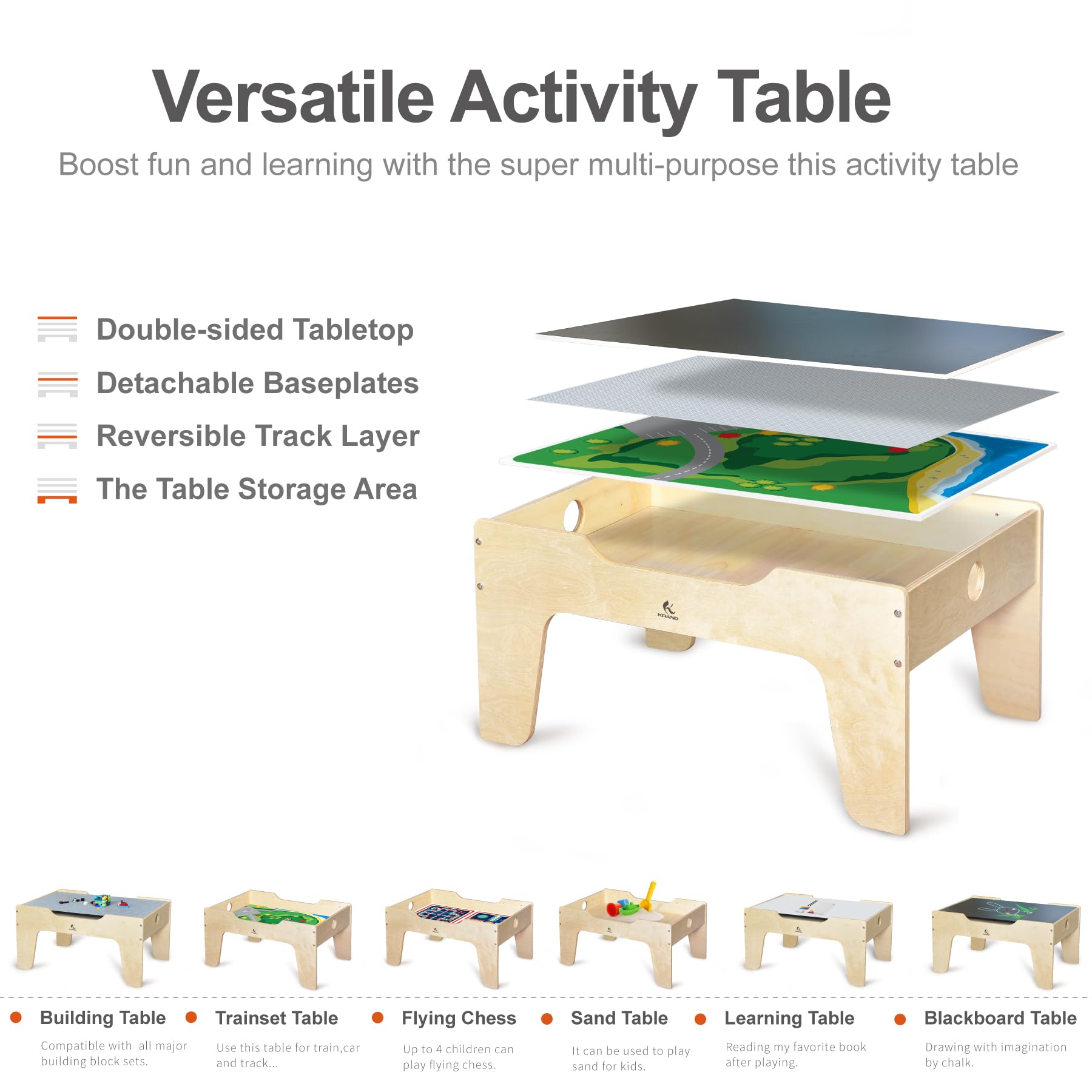 KRAND Kid's Multi-Purpose Activity Play Table with 60 Big Building Bricks and 30-Piece Wooden Train Set for Toddlers(Big-peg Baseplate Version)