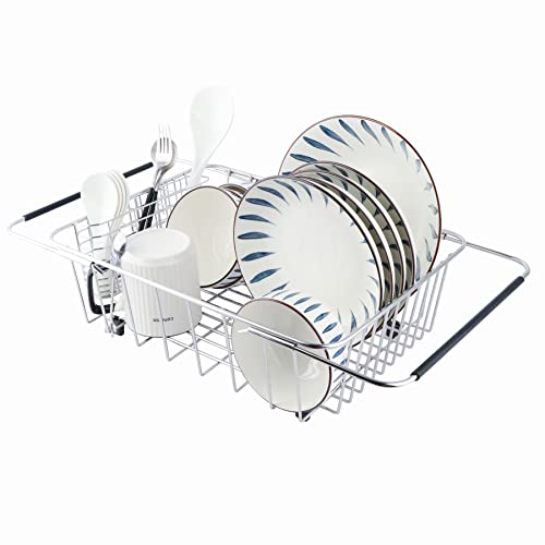 Dish Drying Rack in Sink-Adjustable 15.35" to 20.59",304 Stainless Steel Expandable Dish Drainer Rack Organizer with Utensil Cutlery Holder expandable in sink dish drying rack for Kitchen Counter