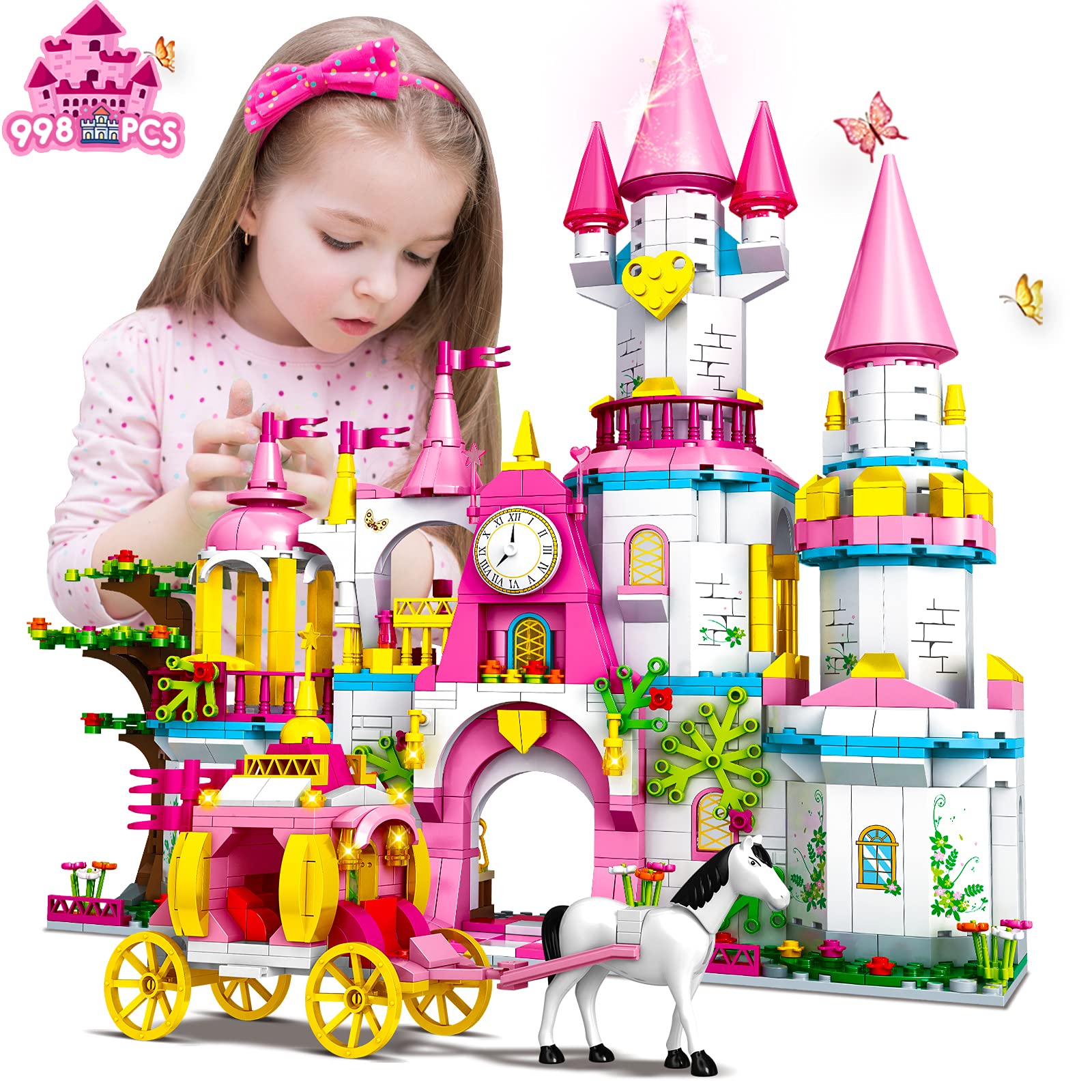 HOGOKIDS Girls Castle Princess Building Toys - Girl Dream House 5-in-1 Pink Castle & Carriage Playsets STEM Building Blocks Set Fantasy Gifts for Kids Age 6 7 8 9 10 11 12 Years Old (998 PCS)